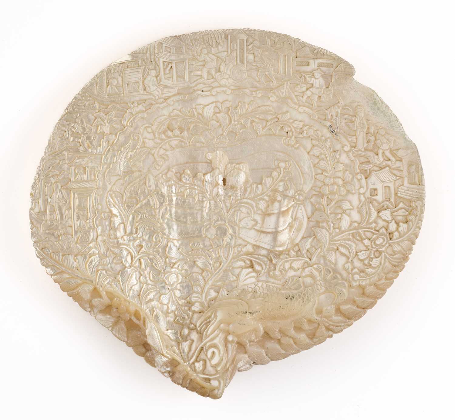 Lot 108 - A CHINESE CARVED MOTHER-OF-PEARL SHELL, LATE