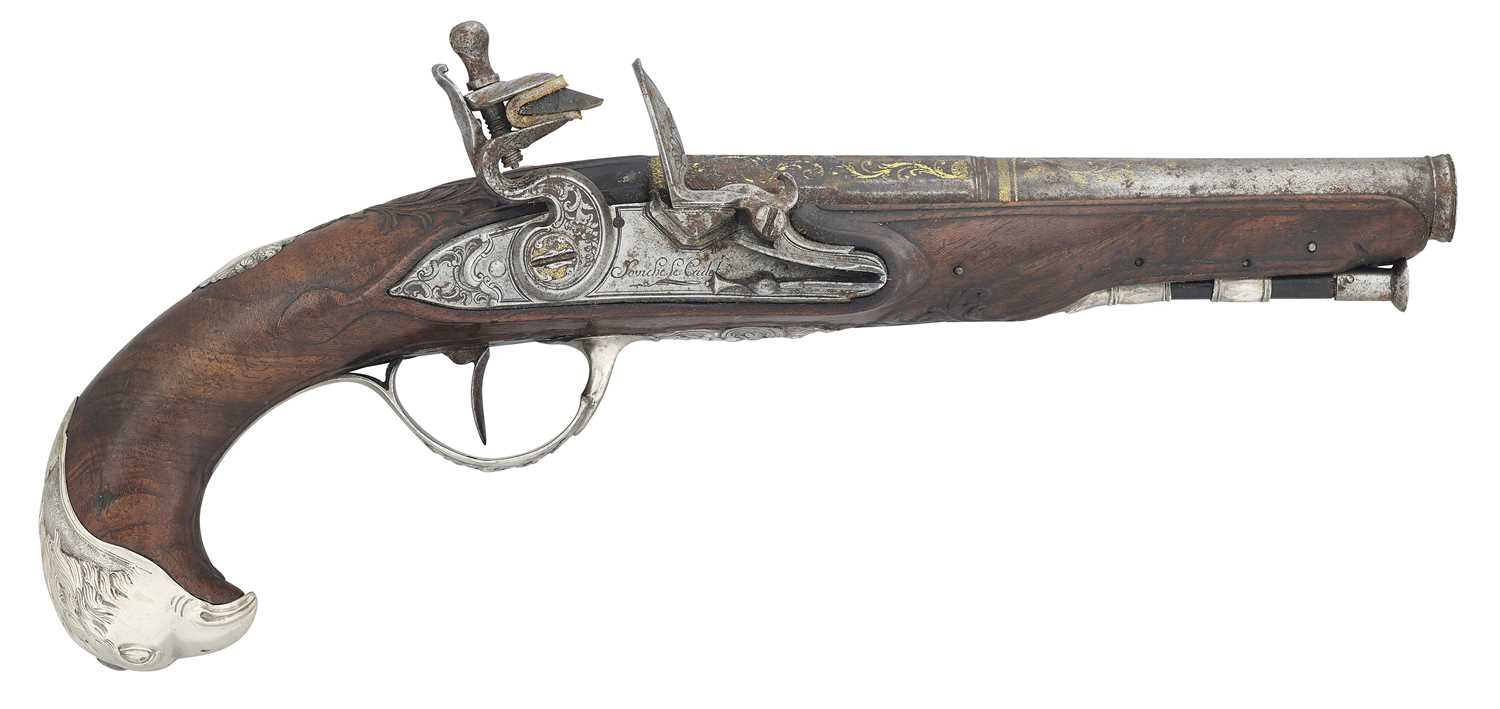 Lot 603 - A FRENCH 28 BORE FLINTLOCK SILVER-MOUNTED