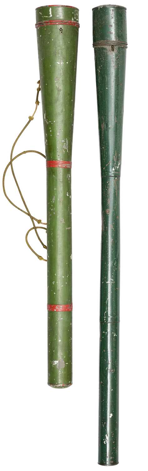 Lot 113 - TWO TOLEWARE TRAVELLING QUIVERS WITH ARROWS,