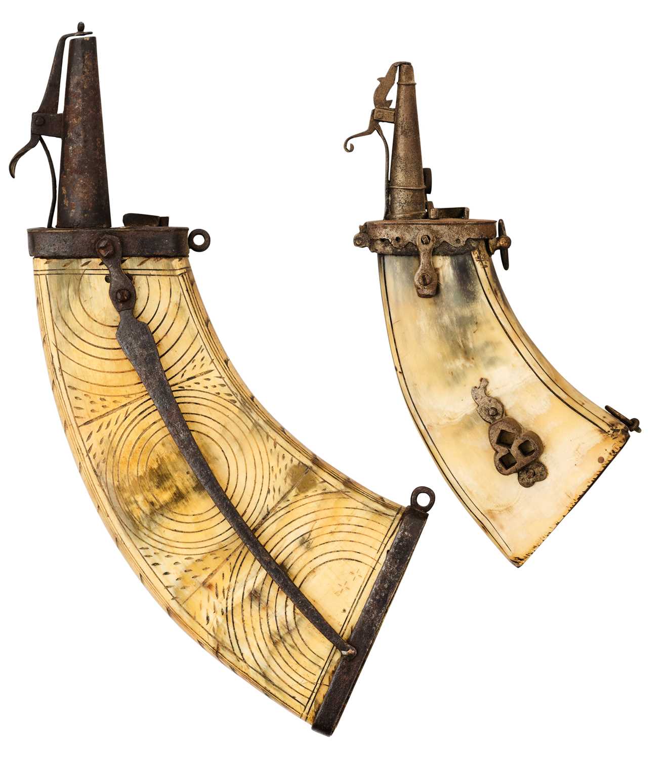 Lot 732 - TWO GERMAN POWDER-FLASKS, LATE 16TH/EARLY