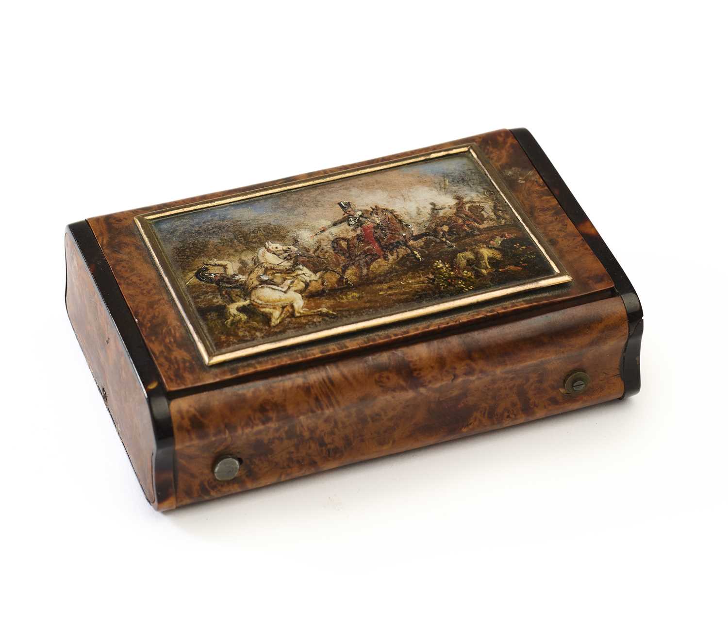 Lot 290 - A FRENCH BURR WOOD MUSICAL SNUFF BOX, PARIS,
