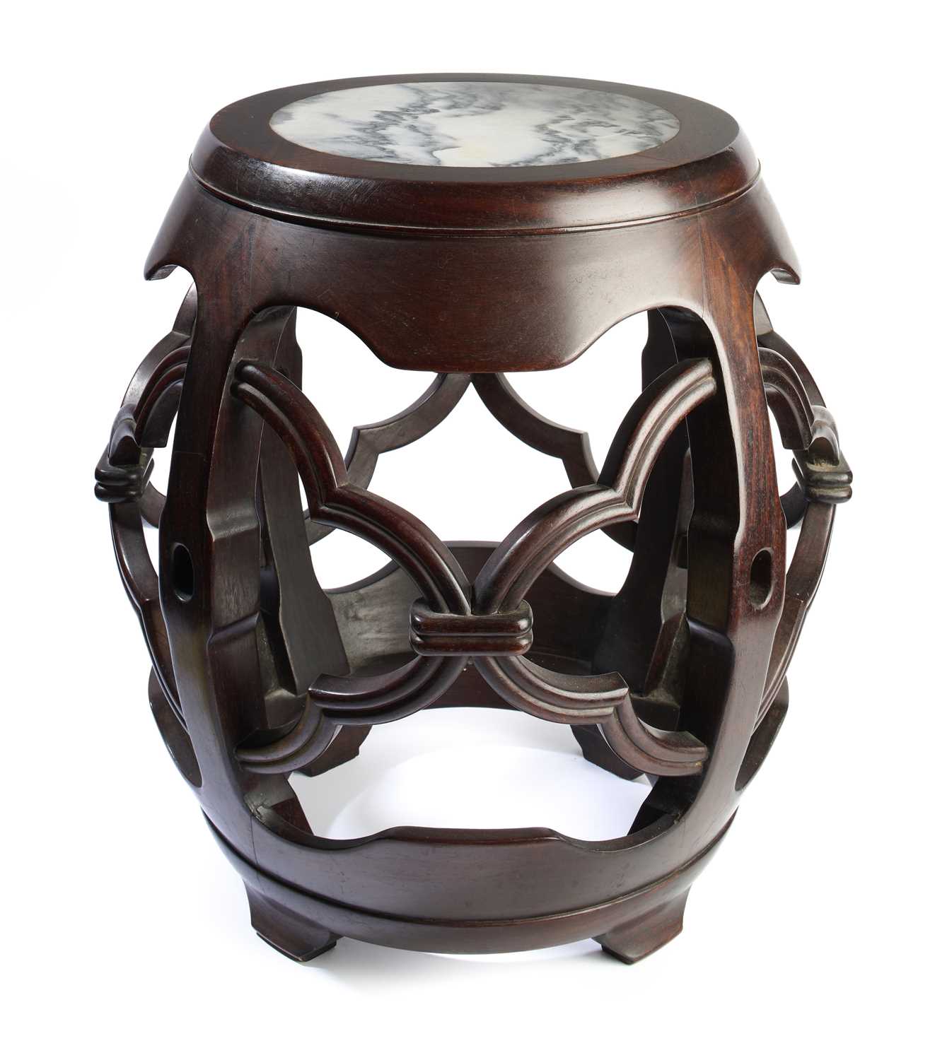 Lot 131 - A CHINESE MARBLE-INSET HONGMU BARREL-FORM