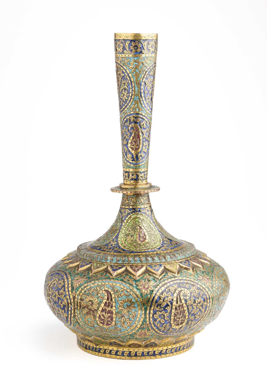 Lot 220 - AN ENAMELLED COPPER-GILT BOTTLE (SURAHI),