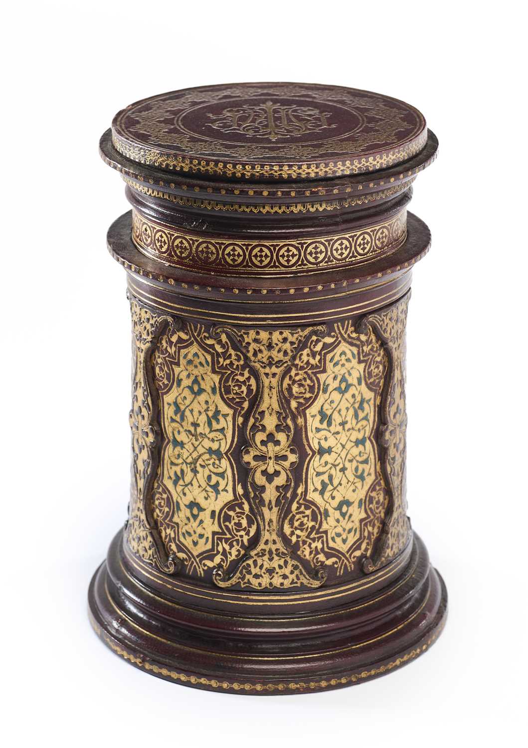 Lot 225 - A GILT-EMBOSSED LEATHER AND WOOD BOX,
