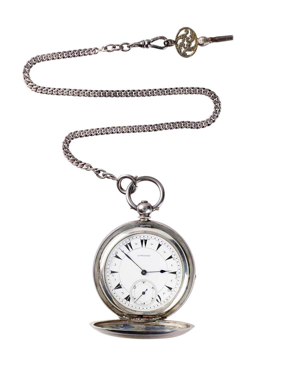 Lot 307 - LONGINES: HUNTER CASED SILVER POCKET WATCH