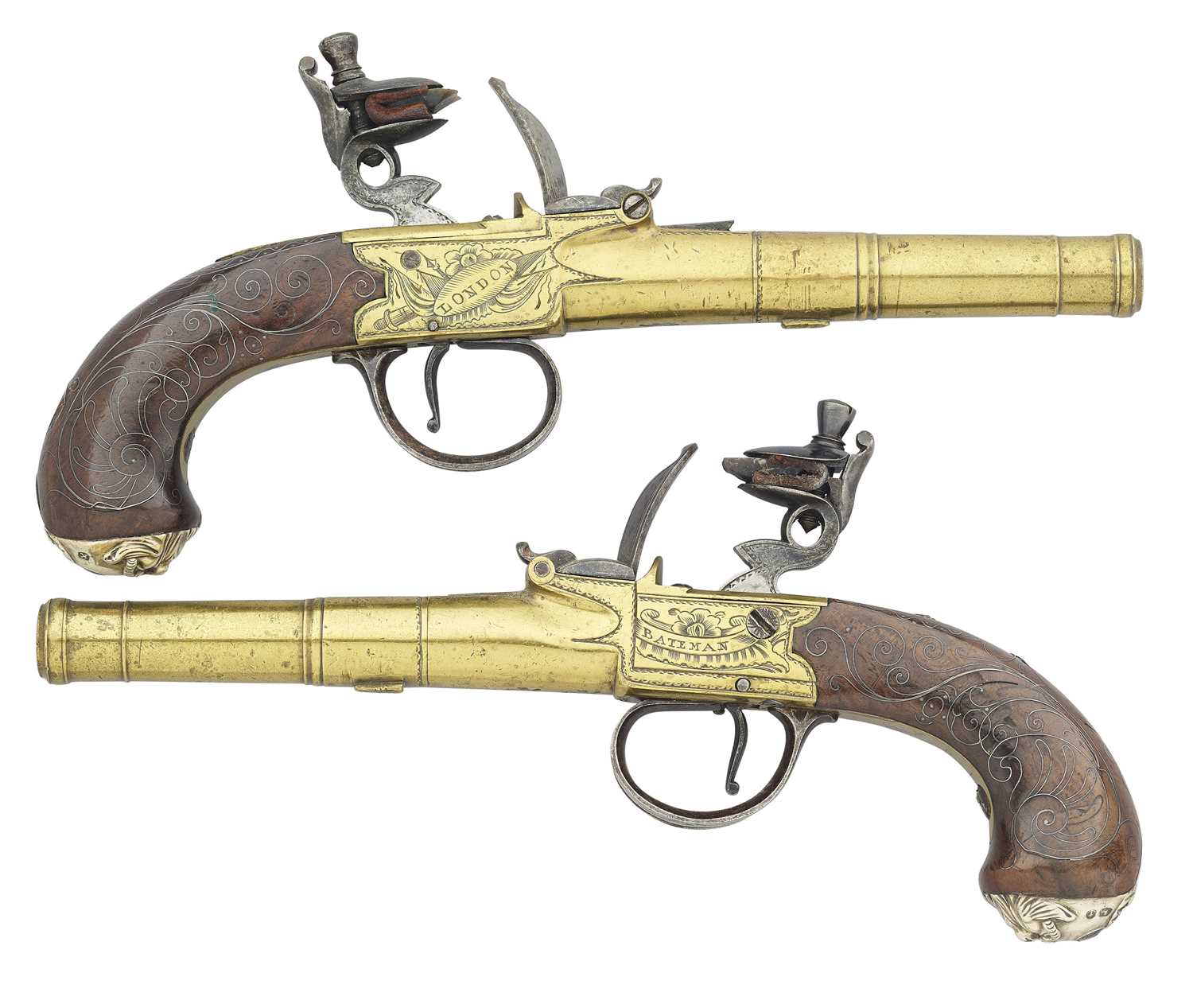 Lot 366 - A PAIR OF 54 BORE FLINTLOCK BOX-LOCK PISTOLS
