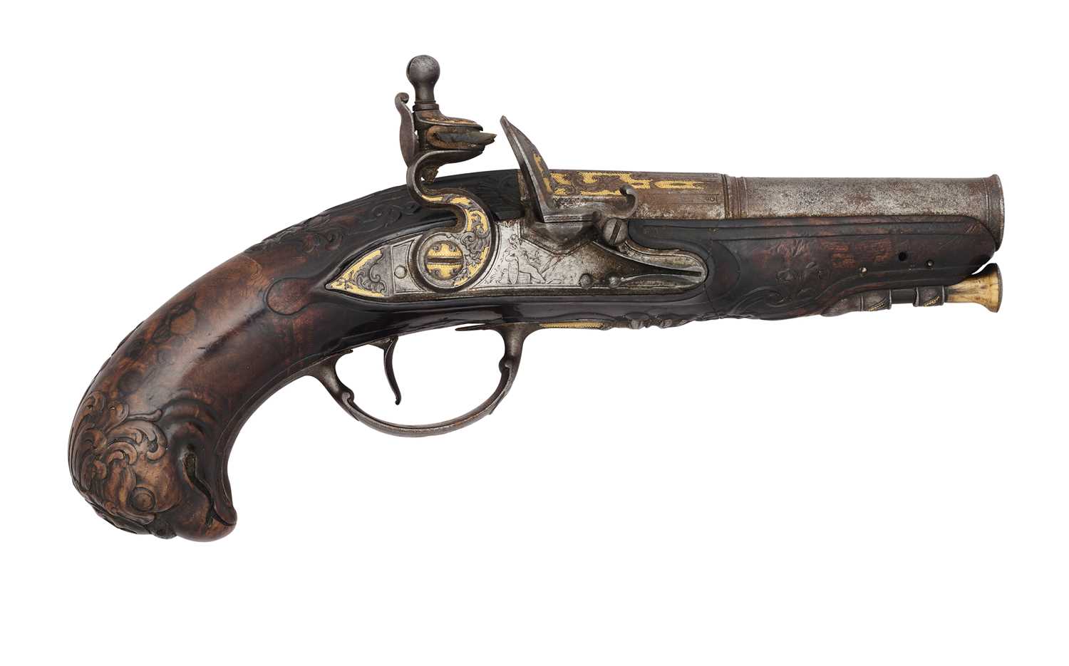 Lot 352 - A SMALL FRENCH 40 BORE FLINTLOCK BELT PISTOL,