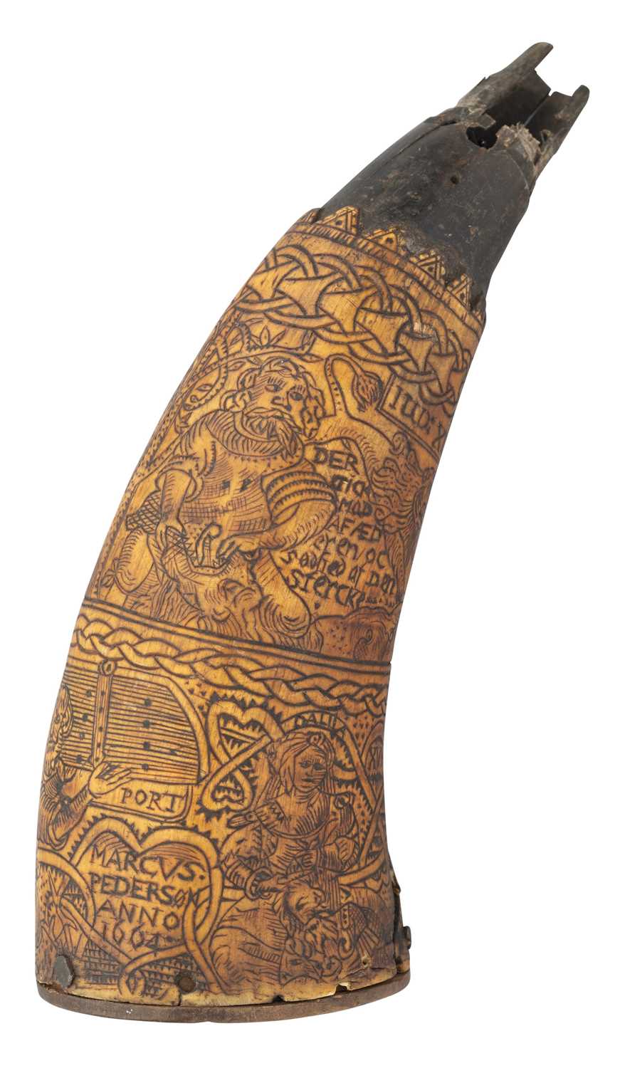 Lot 359 - A NORWEGIAN ENGRAVED COW HORN POWDER-FLASK,