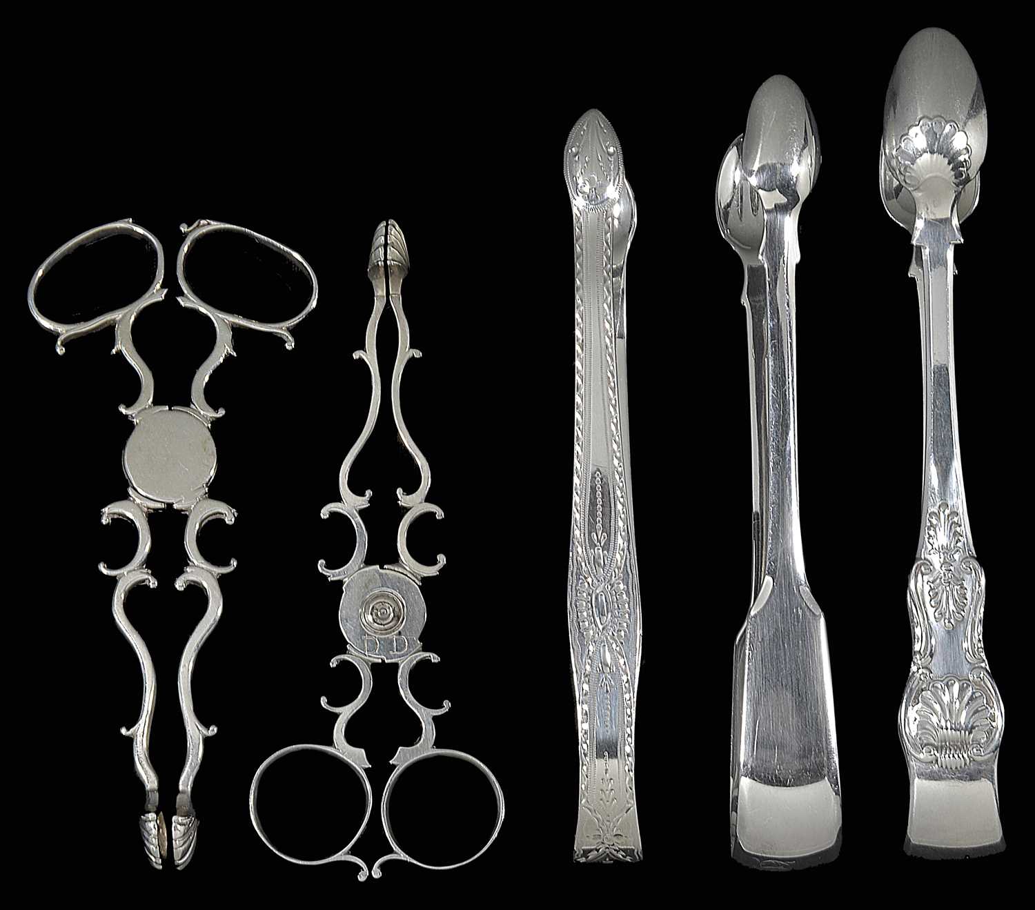 Lot 156 - TWO PAIRS OF GEORGE II SILVER TEA TONGS OR