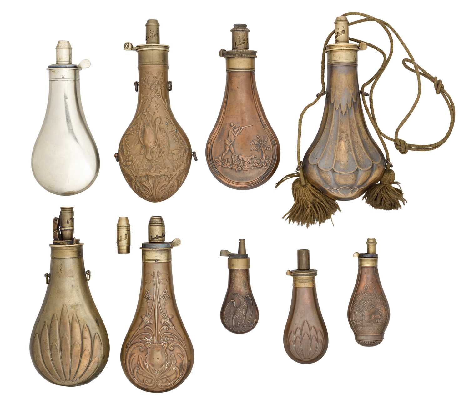 Lot 198 - SIX POWDER-FLASKS FOR SPORTNG GUNS AND TWO